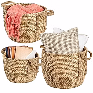 mDesign Round Braided Seagrass Woven Storage Basket with Jute Handles - Rope Weave Circle-Shaped Basket Bin for Shoe Storage in Entryway, Organizing Playroom Toys, and Laundry - Set of 3 - Natural