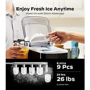 Silonn Smart Countertop Ice Maker - Compact Ice Maker with App Control, 9 Cubes in 6 Mins, 26 lbs per Day, 2 Ice Cube Sizes, Portable Ice Maker with Self-Cleaning for Kitchen/Office