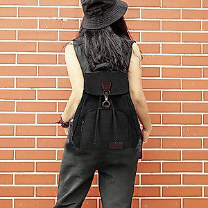 WITERY Canvas Backpack Purse for Women- 15.7 inch Laptop Bag Small Black Vintage Rucksack, Cute Casual Drawstring School Daypack for Hiking Travel Work