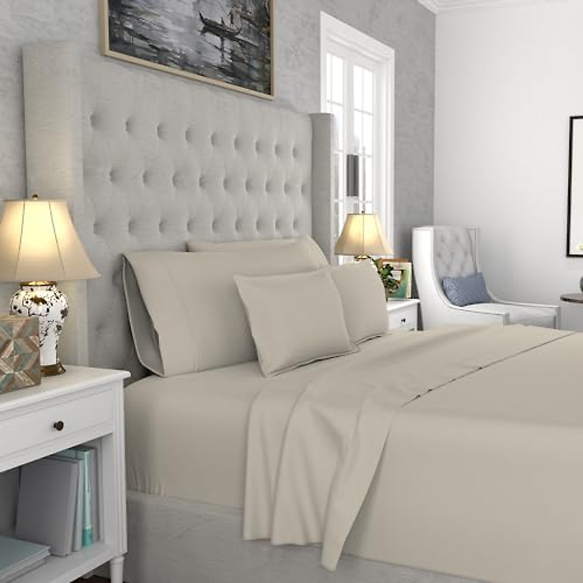 SUPREME ELEGANCE Hotel Luxury Cotton Blend Beige Sheet Set Queen Size, 1200 Thread Count Ultra Soft Sateen Sheet Set, Moisture Wicking & Wrinkle Resistant, Easy Care Fall Bedding Set