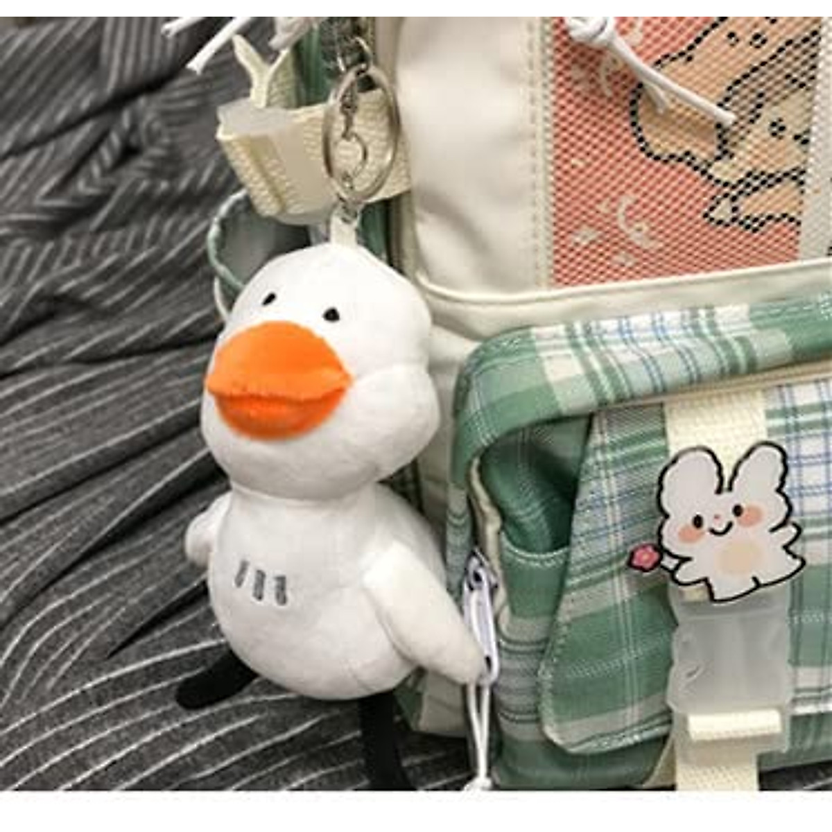 KOWVOWZ Kawaii Plaid Backpack with Pin Cute Cartoon Plush Pendant for Girl School Bag (Green)