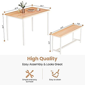 Recaceik 3 Piece Dining Table Set, 47.2" Kitchen Table and Chairs for 4, Dining Table with 2 Benches, Sturdy Structure, Space-Saving Dining Room Furniture Set Perfect for Breakfast Nook, Restaurant