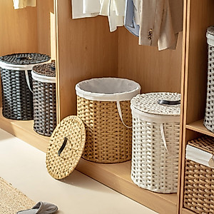 KUREEISE Laundry Basket with Lid, Handwoven Rattan Laundry Hamper, No Install Needed, 26.5 Gal (100L) Round Clothes Hamper with Removable Bag & Handles, Foldable Storage Basket