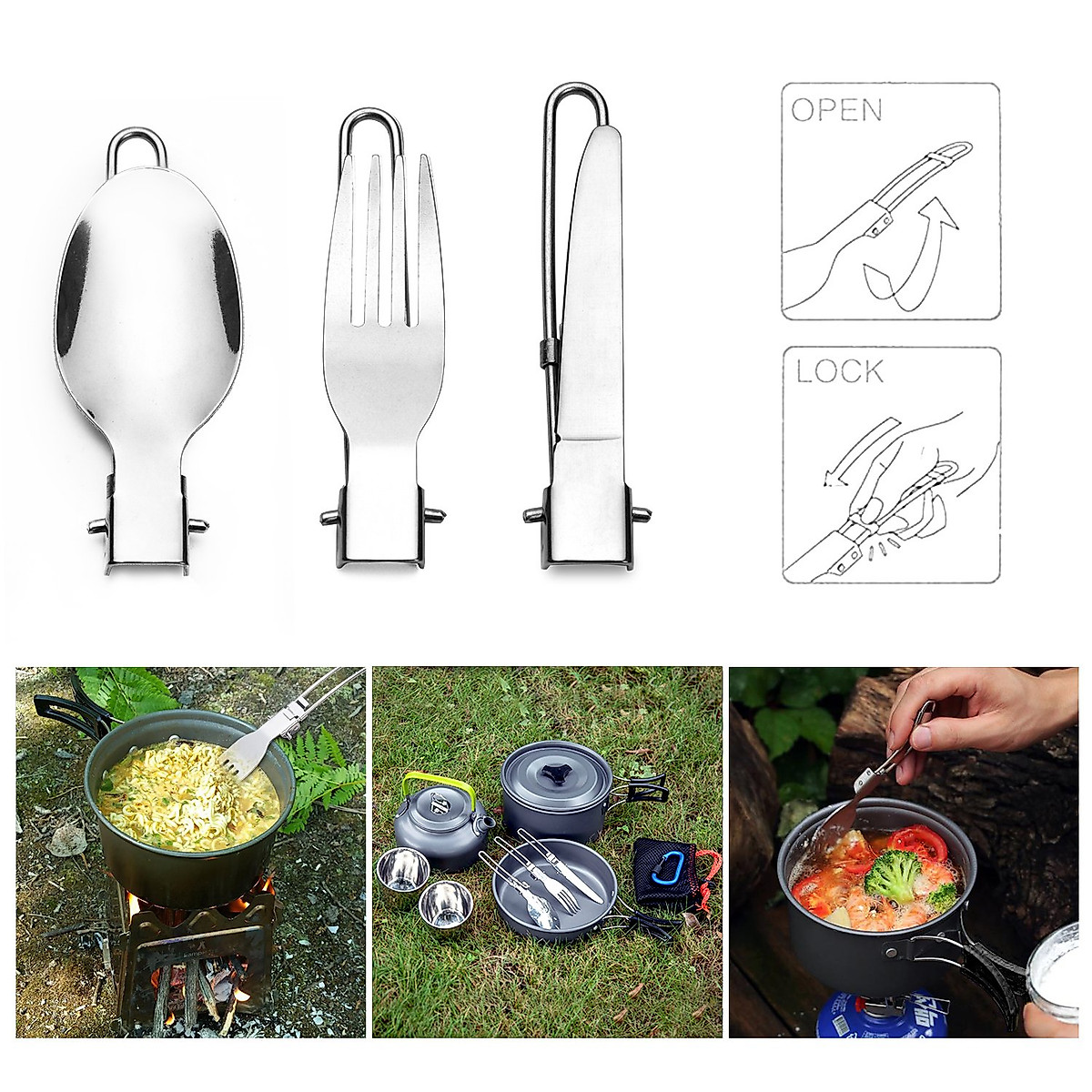 Odoland Camping Cookware Mess Kit, Lightweight Pot Pan Kettle with 2 Cups, Fork Spoon Kit Stainless Steel, gray for Backpacking, Outdoor Camping Hiking and Picnic