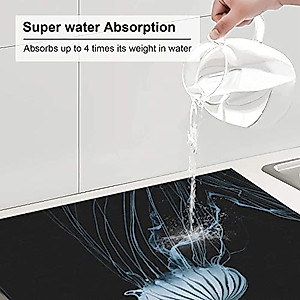 Jellyfish Printed Drying Mat For Kitchen Ultra Absorbent Microfiber Dishes Drainer Mats Non-Slip Silicone Quick Dry Pad - 18 X 16inch