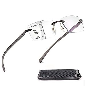Missfive Premium Aluminum Progressive Multifocus Reading Glasses Men Blue Light Blocking, No-Line Spring Hinge Rimless Office Multifocal Metal Readers, Workspace for Mid-Near Range(3.0x, Gunmetal)