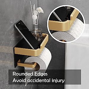 ROZZWILD Toilet Paper Holder with Shelf Adhesive Wall Mounted No Drill Aluminium Alloy Stainless & Rustproof Toilet Paper Roll Dispenser Bathroom Organizer Storage Rack Matte Black Gold