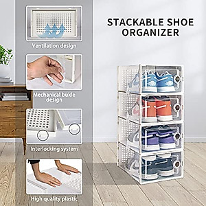 Hrrsaki 15 Pack Shoe Organizers Storage Boxes for Closet, Clear Plastic Stackable Shoe Containers with Front Opening Lids, Ventilation and Dust-proof, Under Bed Shoe Storage for Entryway, Drop Front, Cubby, Fit for Women/Men Size 9(13” x 9” x 5.5”), White