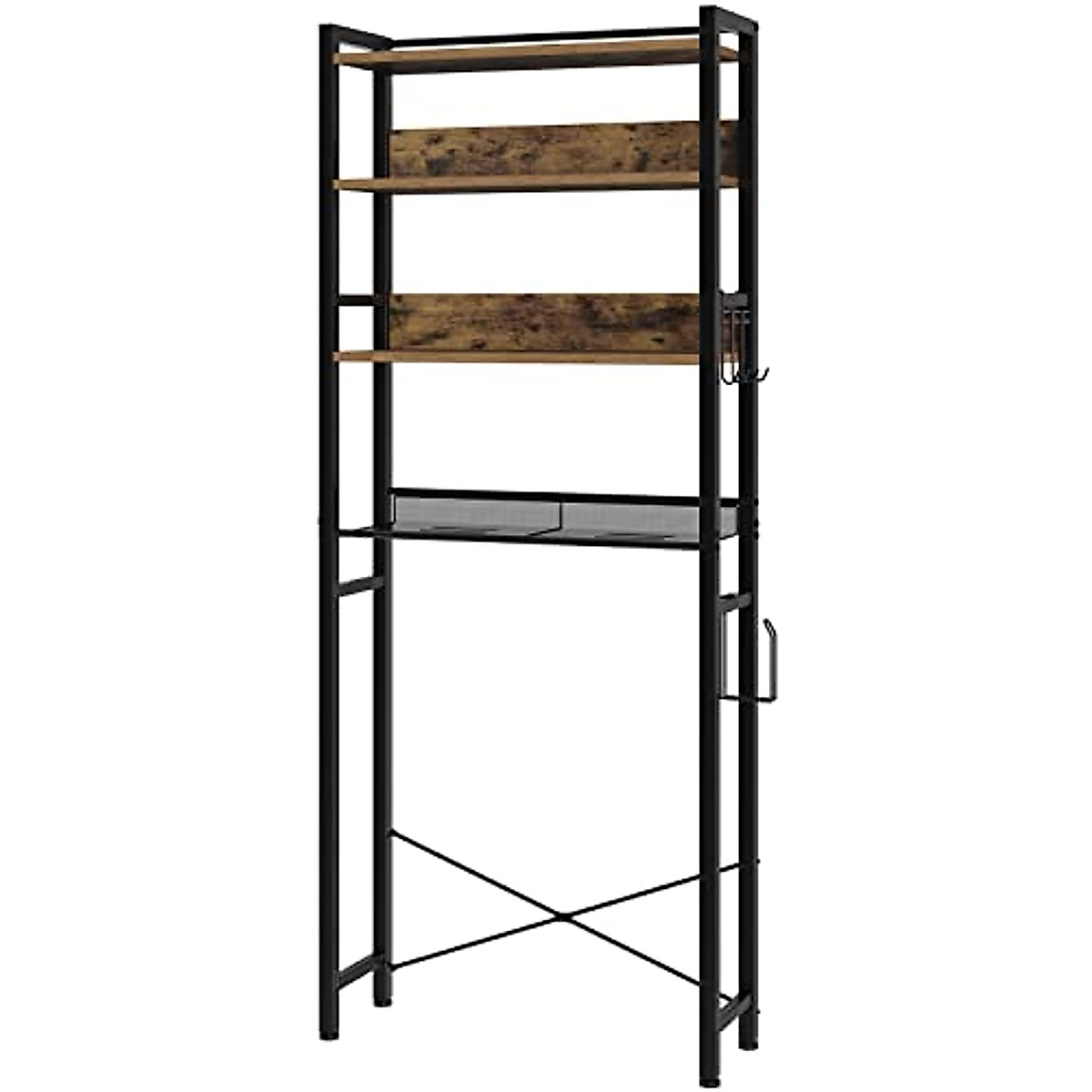 Rolanstar Over The Toilet Storage, 4-Tier Wooden Bathroom Space Saver with Hooks, Freestanding Bathroom Organizer, Multifunctional Over The Toilet Storage Rack, Bathroom Toilet Rack, Rustic Brown