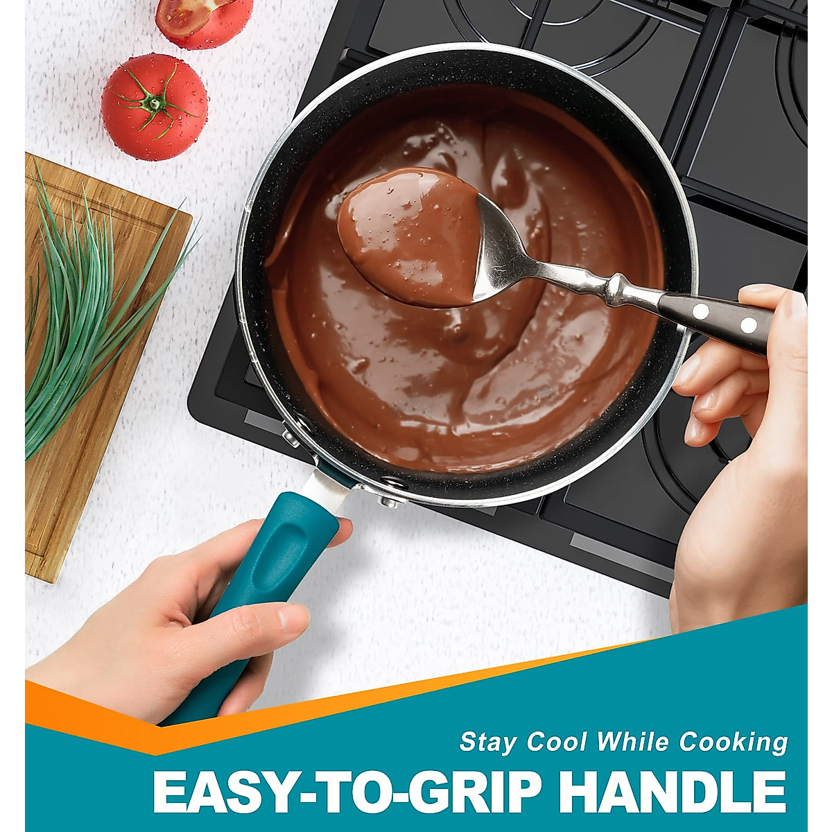 MICHELANGELO Sauce Pan Sets, Saucepans with Lids, 1Qt & 2Qt Sauce Pan with lid, Enameled Small Pot with Lid, Nonstick Saucepan Set, Sauce Pot with Silicone Handle, Oven Safe, Cyan
