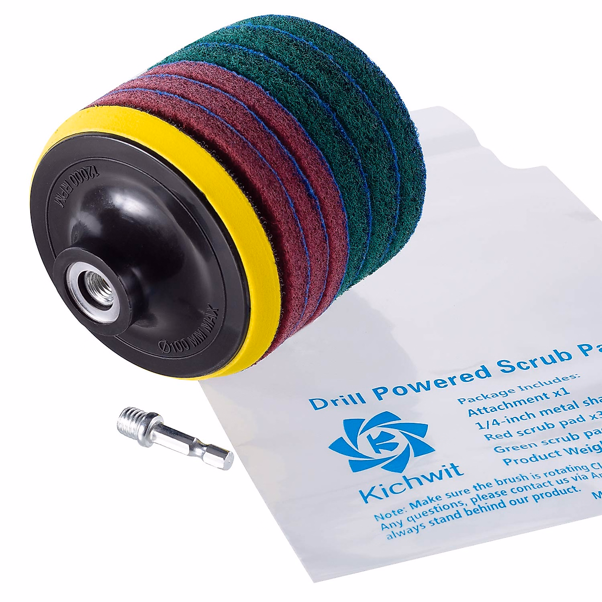 Kichwit 4 Inch Drill Power Brush Tile Scrubber Scouring Pads Cleaning Kit, Includes Attachment, Heavy Duty Household Cleaning Tool (Drill NOT Included)