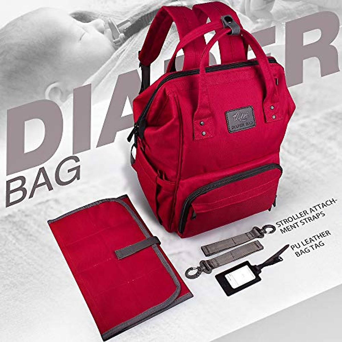 Qipi Diaper Bag - Spacious & Smart Multi-Function Nappy Bag w/ Changing Pad - Ruby Red