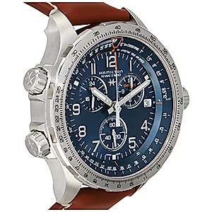 Hamilton Watch Khaki Aviation X-Wind GMT Swiss Chronograph Quartz Watch 46mm Case, Blue Dial, Brown Leather Strap (Model: H77922541)