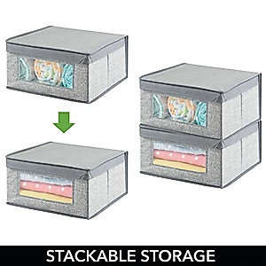 mDesign Medium Soft Stackable Fabric Baby Nursery Storage Organizer Holder Bin Box with Front Window/Lid for Child/Kids Bedroom, Playroom, Classroom, Lido Collection, 4 Pack, Gray