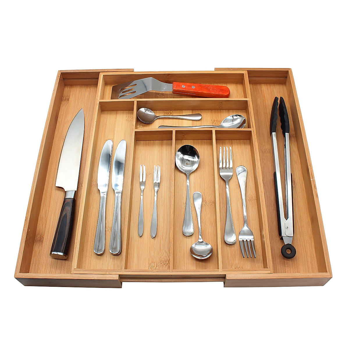 MH ZONE Flatware Organizer Bamboo Expandable Utensil Organizer Drawer Organizer without Knife Block