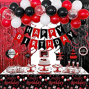 Birthday Decorations Red and Black for Men Women, Happy Birthday Party Decorations for Boys Girls, Red Bday Party Supplies Birthday Tablecloth Balloons Foil Fringe Curtains Hanging Swirls Decor