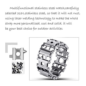 ONELANKS Stainless Tool Bracelet for Men Compatible for LEATHERMAN TREAD and Watch Band 29 in 1 Survival Hiking Camping Travel Friendly Multitools Wearable Bracelet （Silver）