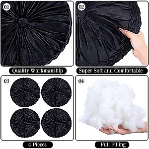 Kathfly 4 Count Round Throw Pillow Velvet Pleated 3D Pumpkin Round Pillow Boho Floor Cushion Couch for Bed Chair Home Car Sofa Decorations, 14.17 x 14.17 Inches (Black)