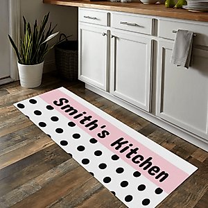 Custom Polka Dot Point Pink Black Kitchen Mats with Name Text Non Slip Soft Rubber Doormats Runner Carpets Rugs for Bathroom Bedroom Laundry Decor 48x17 Inch