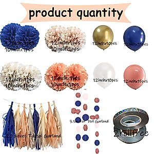 Navy Blue Pink Party Decorations for Women – Bridal Wedding Shower Birthday Gender Reveal Decor with Dusty Balloons and Royal Blue Paper Flower Pom Poms and Garland