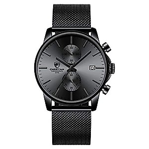 GOLDEN HOUR Men’s Watch Fashion Sport Quartz Analog Mesh Stainless Steel Waterproof Chronograph Watches, Auto Date in Grey Hands, Color: Black