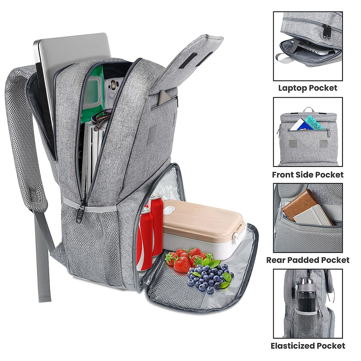 MATEIN Lunch Bags for Women, Cooler Lunchbox Insulated Work Backpack with USB Charging Port, Water Resistant Travel Computer Bag College Daypack Fits 15.6 Inch Laptop Friendship Gifts for Women, Grey