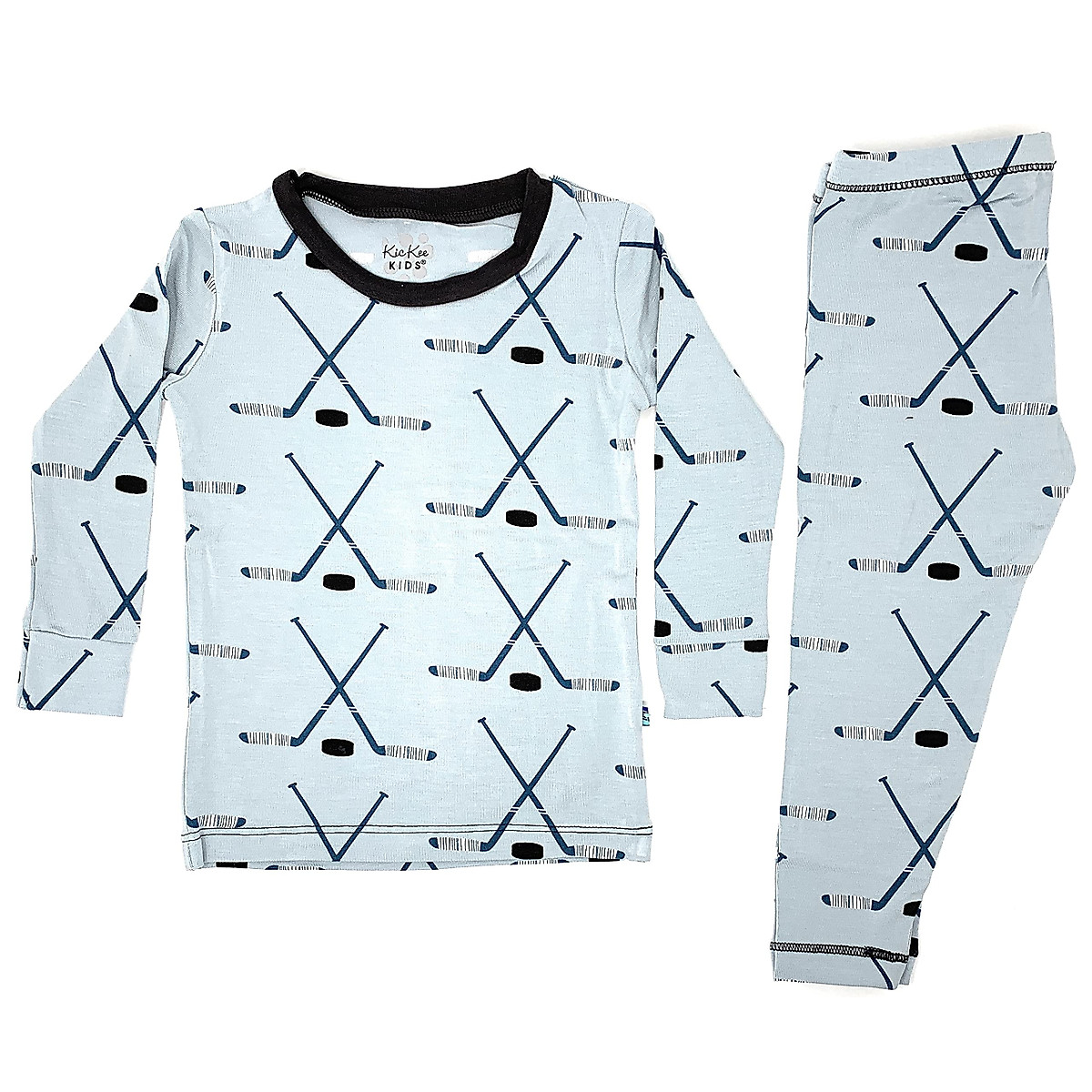 KicKee Pants Baby Pajama Set in Long Sleeve Tee, Snug Fitting PJ’s Matching Sleepwear Set, Newborn to Baby Pajamas (Custom Pearl Blue Hockey with Zebra - 3T)