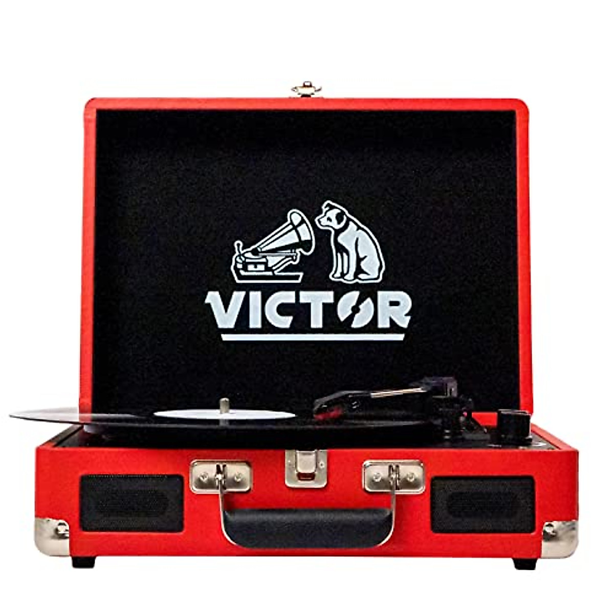 VICTOR Metro 3-Speed Portable Suitcase Turntable Record Player with Dual Bluetooth in & Out and Built-in Stereo Speakers, Red