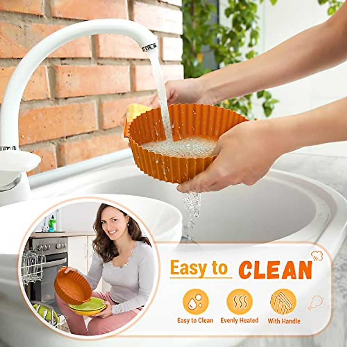 Air Fryer Silicone Liners, Znben 8 Inch Reusable Silicone Air Fryer Basket for Oven Non Stick Heat Resistant Air Fryer Silicone Pot for Oven Dishwasher Safe Fits 3-7 Qt Air Fryer 2Pack (Grey+Brown)