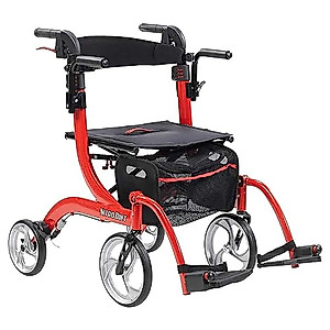 Drive Medical Nitro Dual Function Transport Wheelchair and Rollator Rolling Walker Combo with Hand Activated Brakes and Back Support, Red