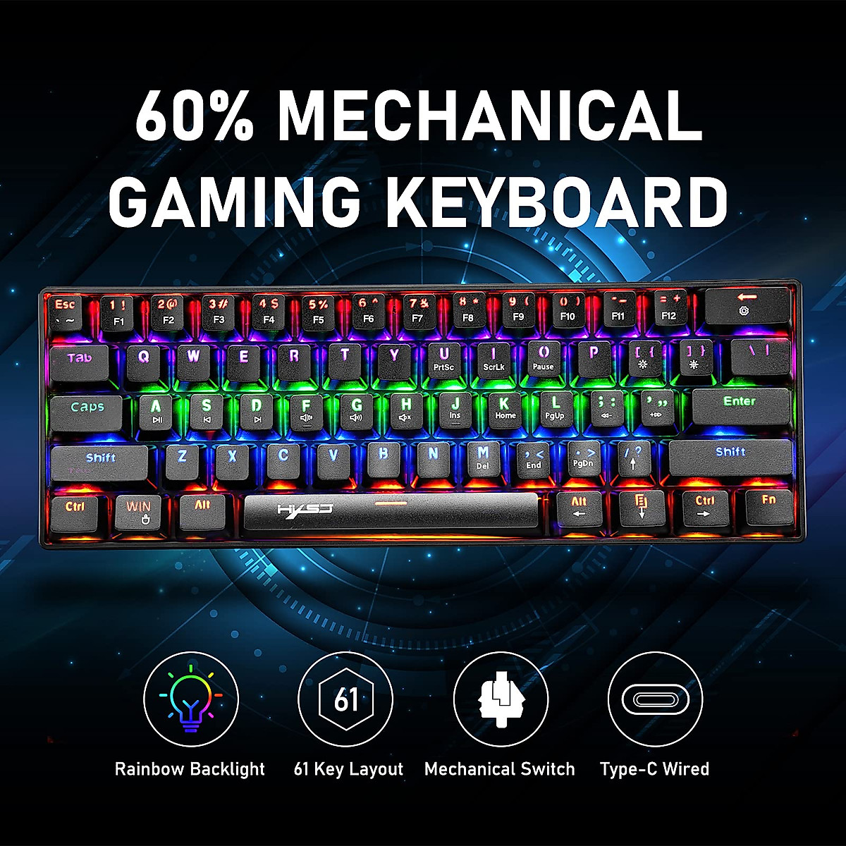 Compact Mechanical Gaming Keyboard Mini Portable with Ergonomic 61 Key Layout Multi Rainbow LED Backlight Anti-ghosting Waterproof Type-C USB Wired for PC MAC Gamer Computer Typist(Black/Blue Switch)