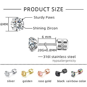 5 Pair Titanium Screw Surgical Stainless Steel Stud Earrings Set, Iridescent 3A Cubic Zirconia Studs Reversible Earrings Perforated Reclining Hypoallergenic Earrings Jewelry 6mm (5 pairs iridescent).