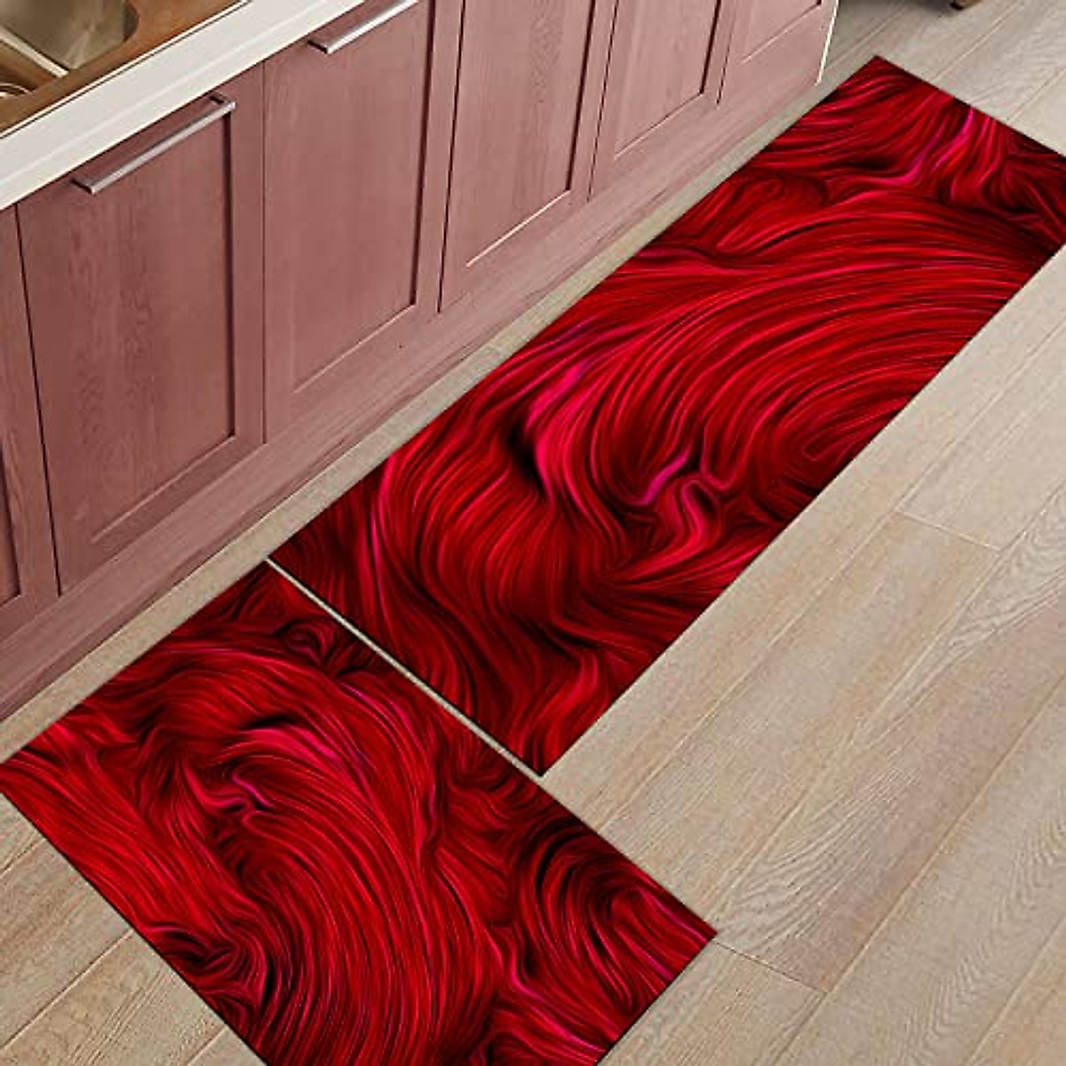 Abstract Art Kitchen Mats 2 PCS Anti-Fatigue Kitchen Rugs, Non Slip Kitchen Rugs and Mats Cushioned Standing Desk Mat Floor Mats for Home,Sink,Office,Kitchen, Red Liquid Artistic Texture
