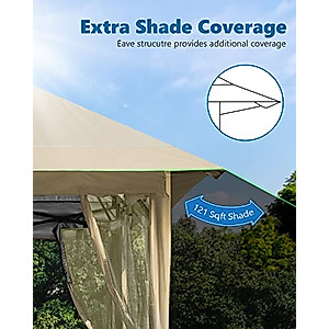 Quictent 11’x11’ Pop up Gazebo Canopy Tent with Mosquito Netting, One Person Setup Vented Outdoor Instant Screened House Tent Shelter with 4 Sand Bags, Khaki