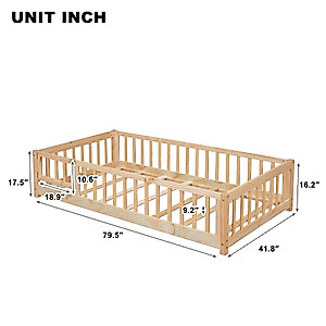 Twin Size Floor Bed Frame for Kids Wood Montessori Floor Beds with Fence Railings & Support Slats, Twin Playhouse Bed for Boys Girls, No Box Spring Needed, Natural