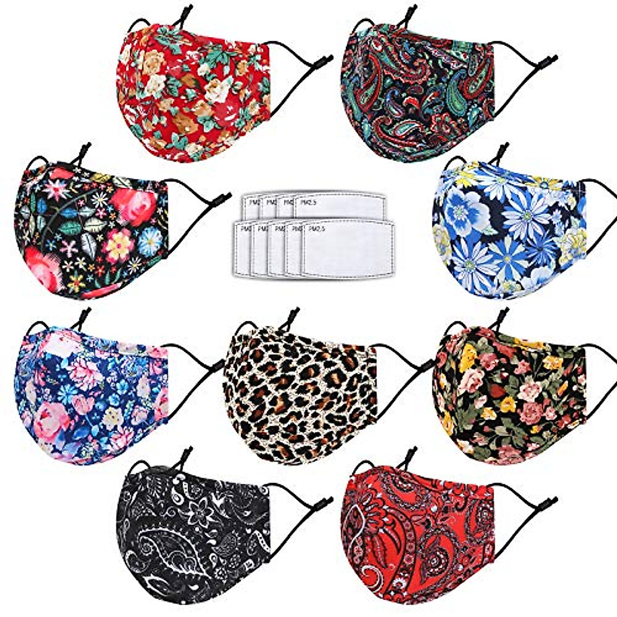 Cloth Face Maks Washable Reusable for Women Men Build-in Nose Wire&Filter Pocket with 9 Filters Adjustable Breathable 3 Layers Cotton Cup Dust Safety Protection Fabric with Designer Printed(9 Pcs)