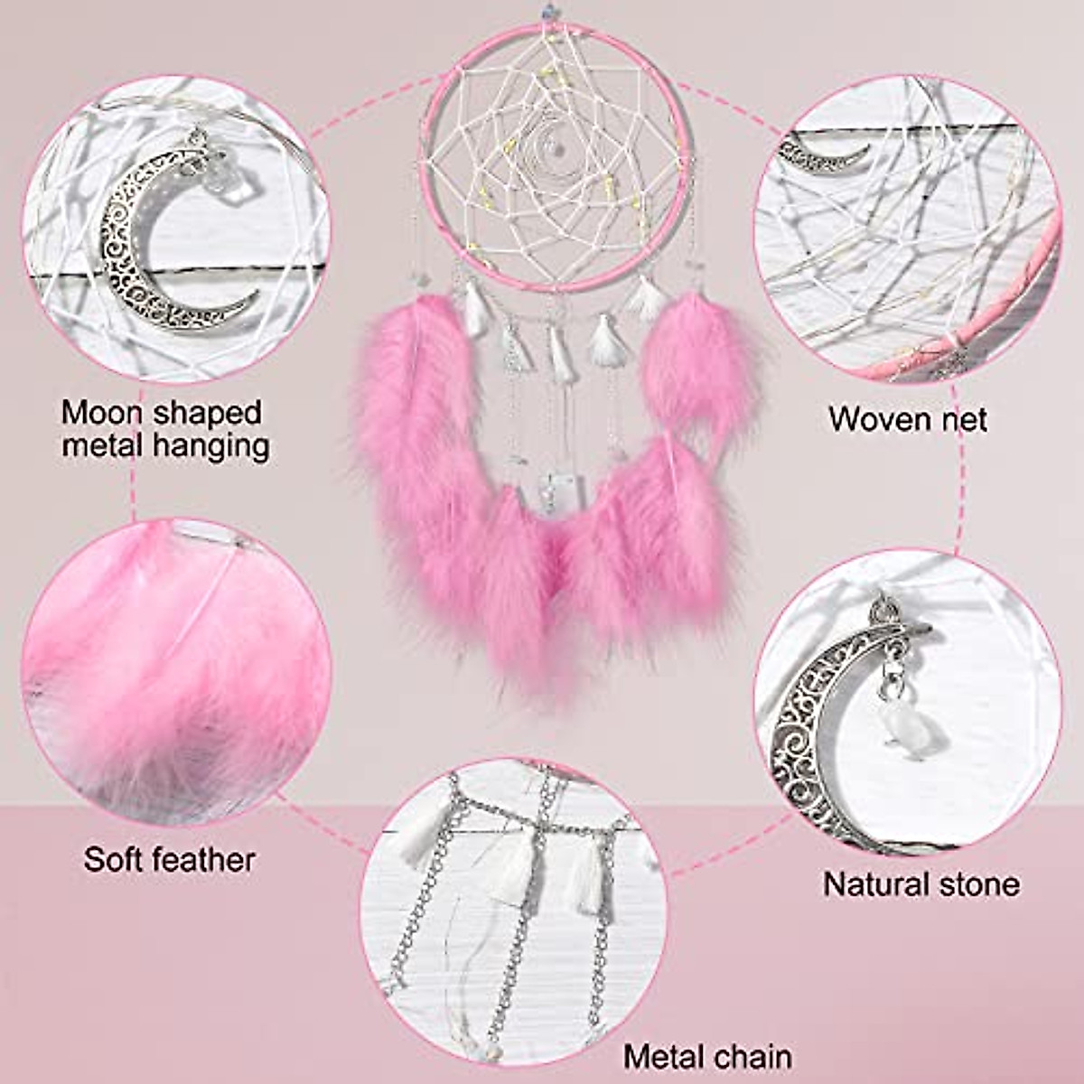 Nice Dream Pink Dream Catchers, Room Nursery Decor for Girls Boys, Handmade Feather Wall Decor with Lights, Home Ornaments Craft Gift for Bedroom