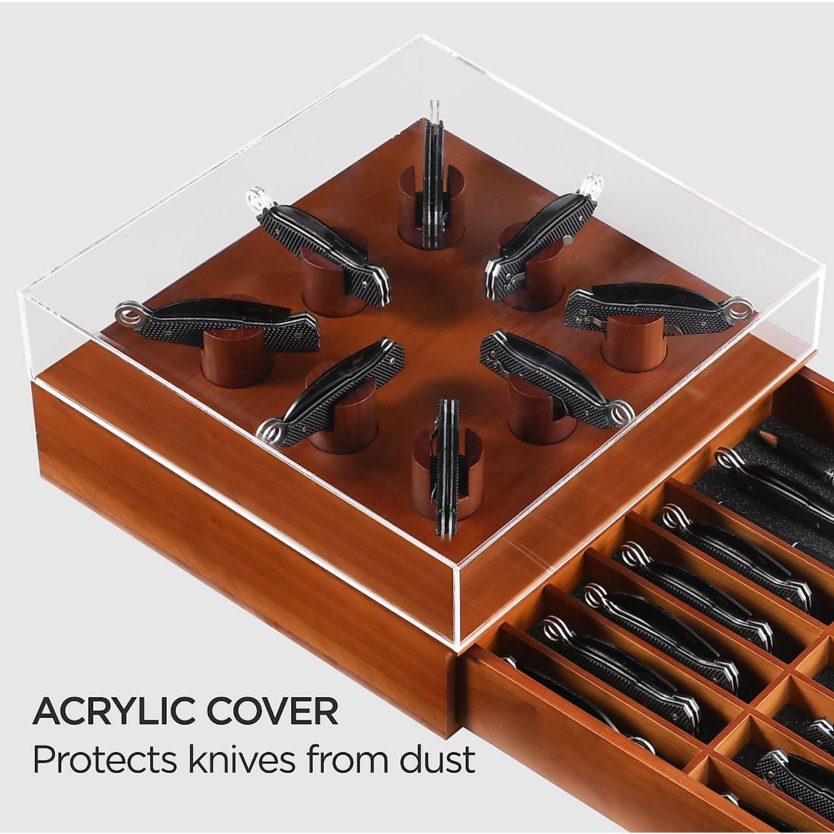 Pocket Knife Display Case Pocket Knife Case Pocket Knife Holder Stores Upto 30 Knives in Two-tier Pocket Knife Storage with Shatterproof Acrylic Glass Top Large Wooden Shelf and Walnut Color Finish