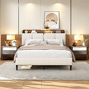 ChicFurnit Full Size Upholstered Platform Bed with Storage Headboard, Sensor Light and a Set of Sockets and USB Ports, Linen Fabric, Beige