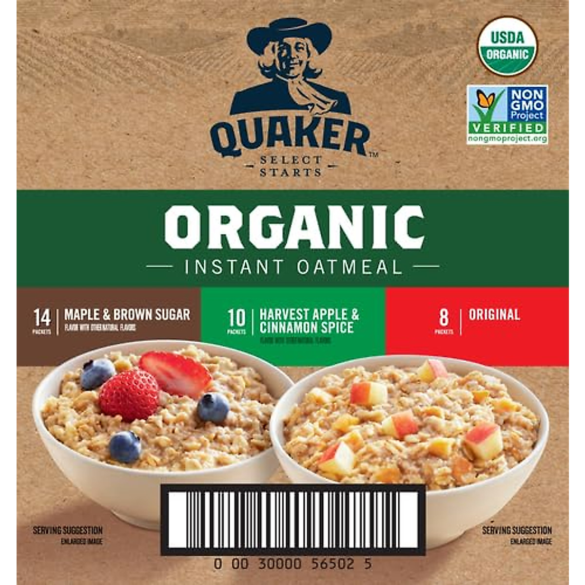 QUAKER Instant Oatmeal, USDA Organic, Non-GMO Project Verified, 3 Flavor Variety Pack, Individual Packets, 32 Count (Pack of 1)