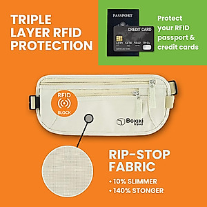 Boxiki Travel Hidden Money Belt for Men & Women - RFID Blocking Waist Pack for Passport, Wallet & Phone - Safe and Secure for Travel (Beige)