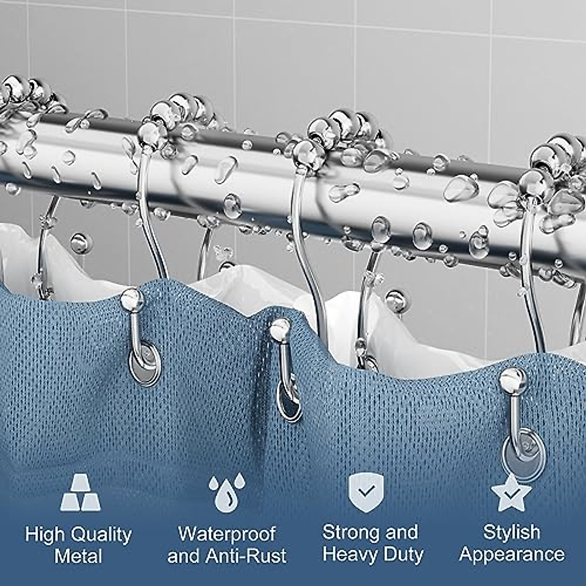 BBLHOME Shower Curtain Hooks, Shower Curtain Rings Rust Proof Metal Smooth Glide Double Shower Curtain Hooks for Bathroom Shower Curtains Rod, Kitchen Utensils,Towels, Set of 12,Chrome