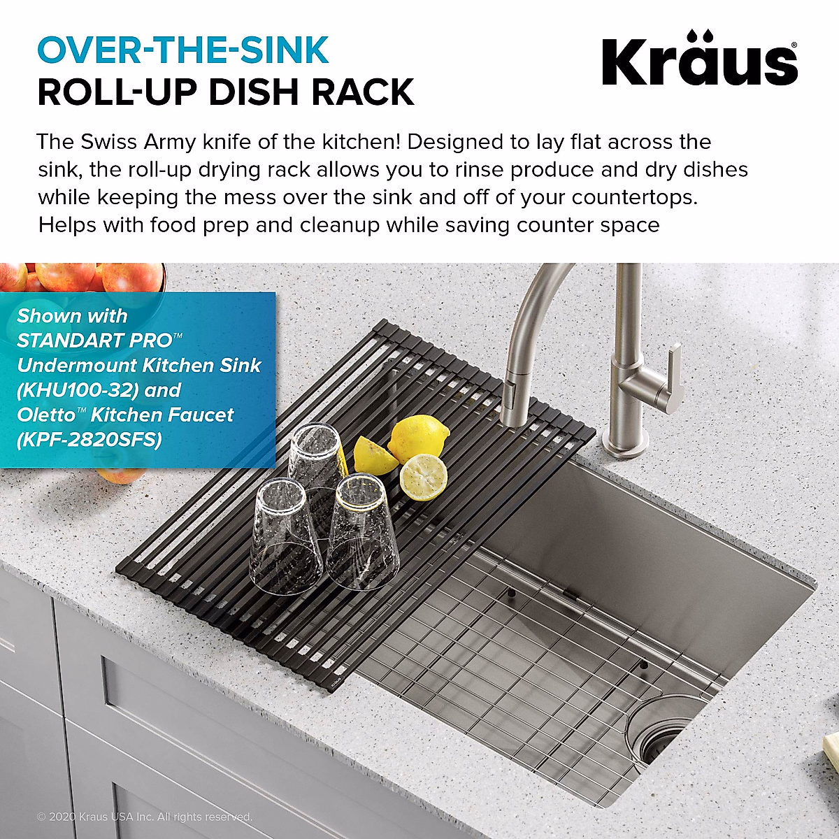 KRAUS Multipurpose Over-Sink Roll-Up Dish Drying Rack, Colander and Trivet in Black, KRM-10BLACK