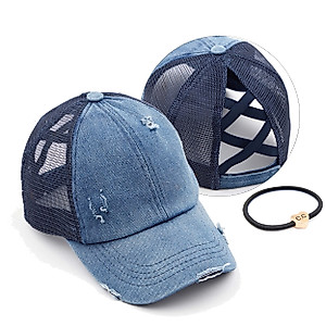 C.C Exclusives Washed Distressed Cotton Denim Criss-Cross Ponytail Hat Baseball Cap Bundle Hair Tie (BT-780)(BT-791) (A Elastic Band-Denim/Navy)