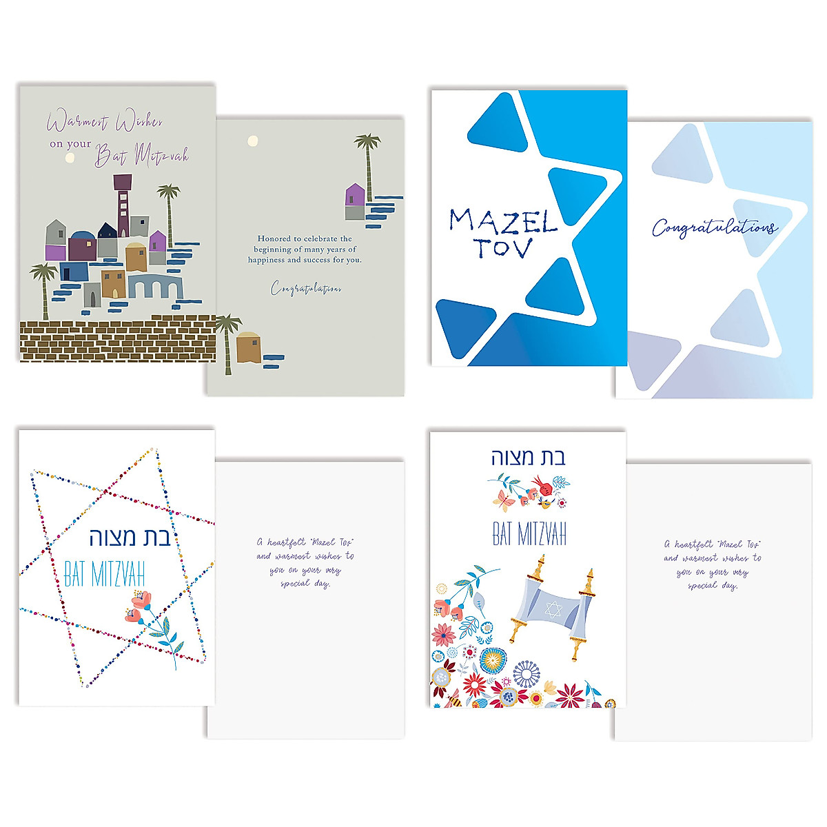 Better Office Products 36 Pack Bar Mitzvah & Bat Mitzvah Cards, Mazel Tov Jewish Celebration Cards with Envelopes, Bulk Set, Classic 5 x 7 Inch Size, 8 Unique Cover Designs with Heartfelt Sentiments