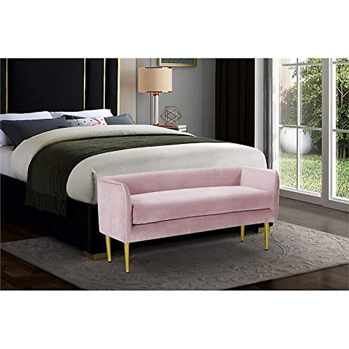 Meridian Furniture Audrey Collection Modern | Contemporary Velvet Upholstered Bench with Sturdy Metal Legs in Gold Finish, 52" W x 19" D x 24" H, Pink