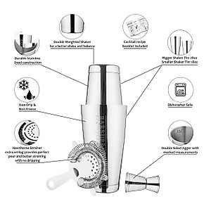 Professional Boston Cocktail Shaker Set | 4-Piece Bar Set | Stainless Steel 304 | 28oz/18oz Weighted Shaker Tins | Hawthorne Strainer | Double Sided Jigger | Recipe Booklet | Bartender Kit (Silver)