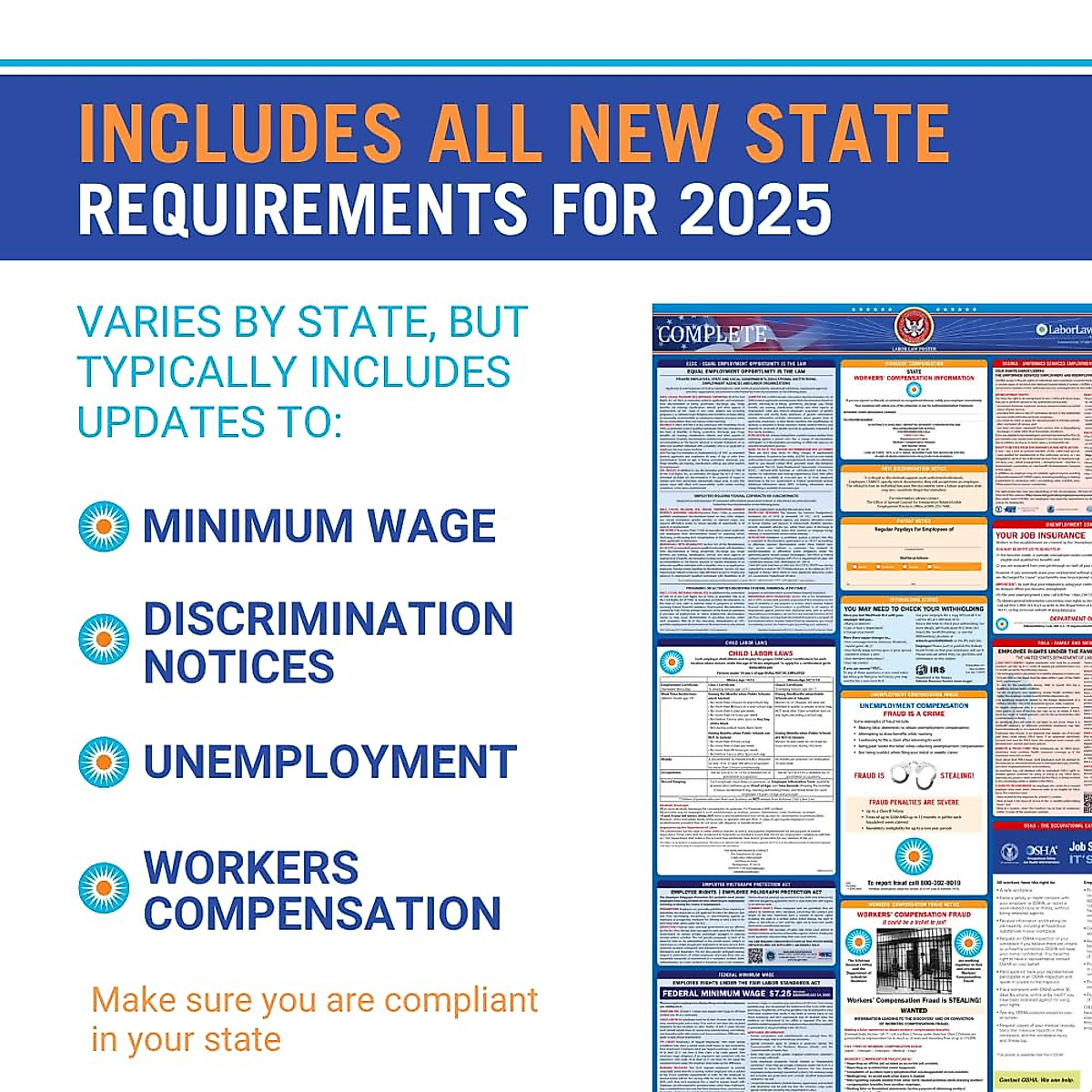 2023 California State & Federal Labor Law Poster - OSHA Workplace Compliant & Required - Current with Mandatory Updates for 2023 - UV Laminated & Waterproof - 25" x 39" (English)