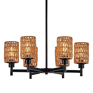 Widluth Black Chandelier Light Fixture Vintage 6-Lights Black Chandelier with Rattan Shade Industrial Boho 24.8" Hand Woven Bamboo Chandelier for Dining Room, Kitchen Island, Bedroom