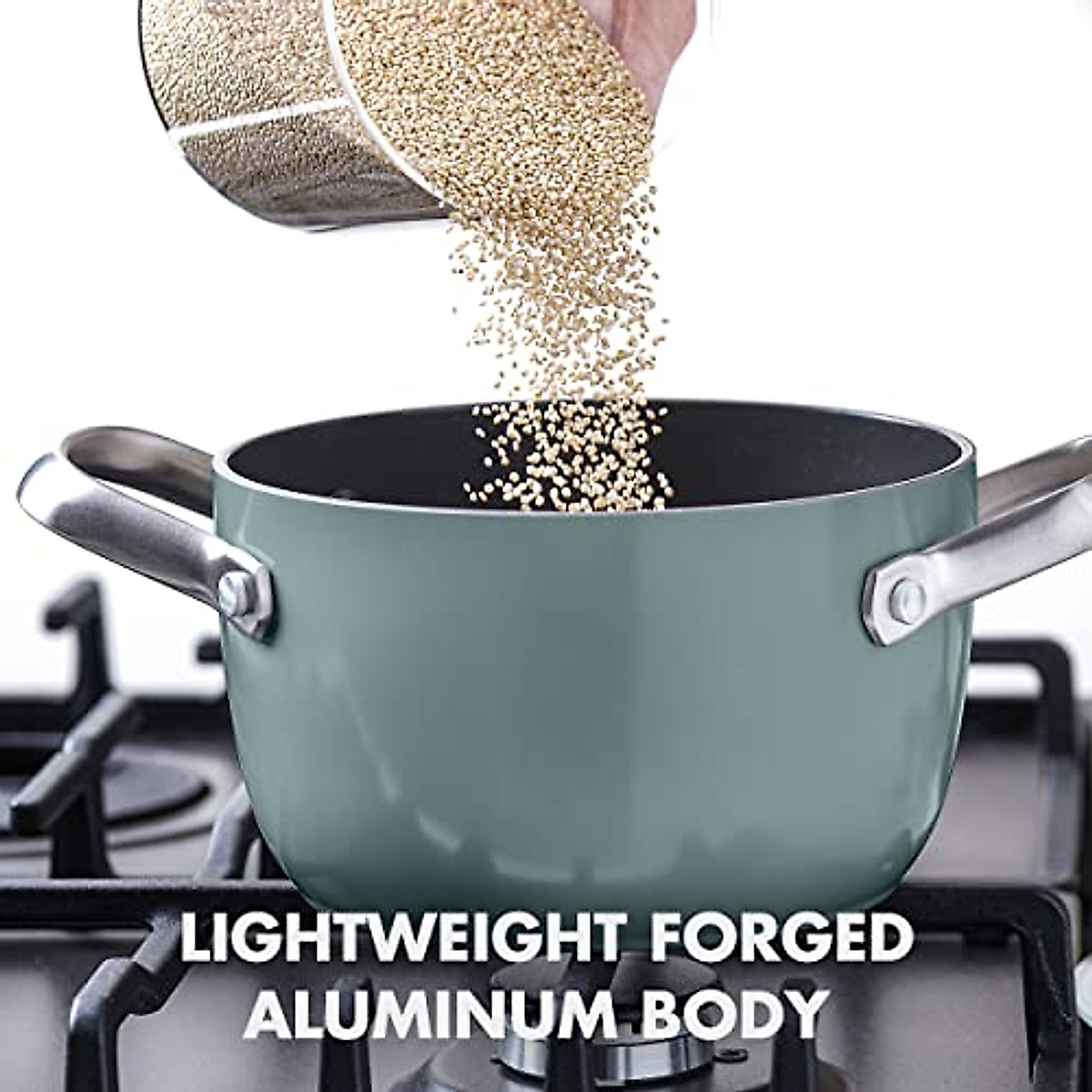 GreenPan Healthy Ceramic Nonstick, 2QT Rice Grains and Soup Maker, Caldero Pot with Lid, PFAS-Free, Induction, Dishwasher Safe, Oven Safe, Smokey Blue